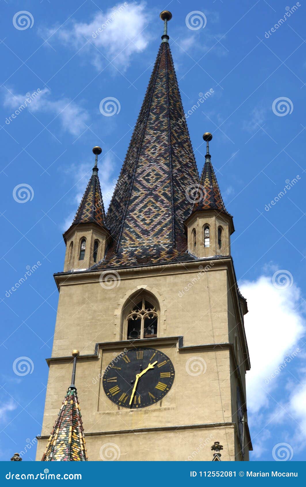 Clock tower in a Sibiu stock image. Image of chimney - 112552081