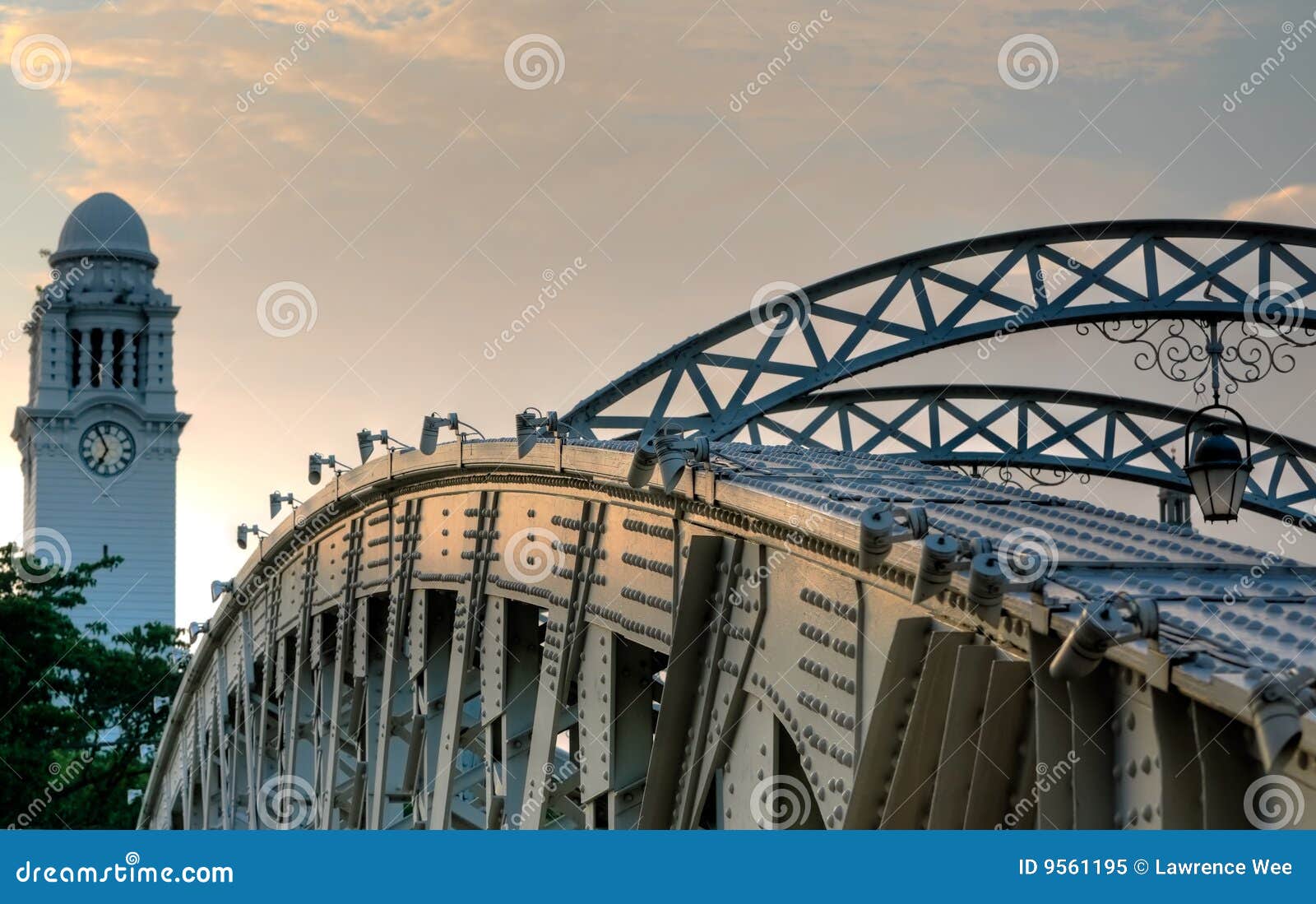 Clock Tower and Bridge at Sunset Stock Image - Image of arch, district ...
