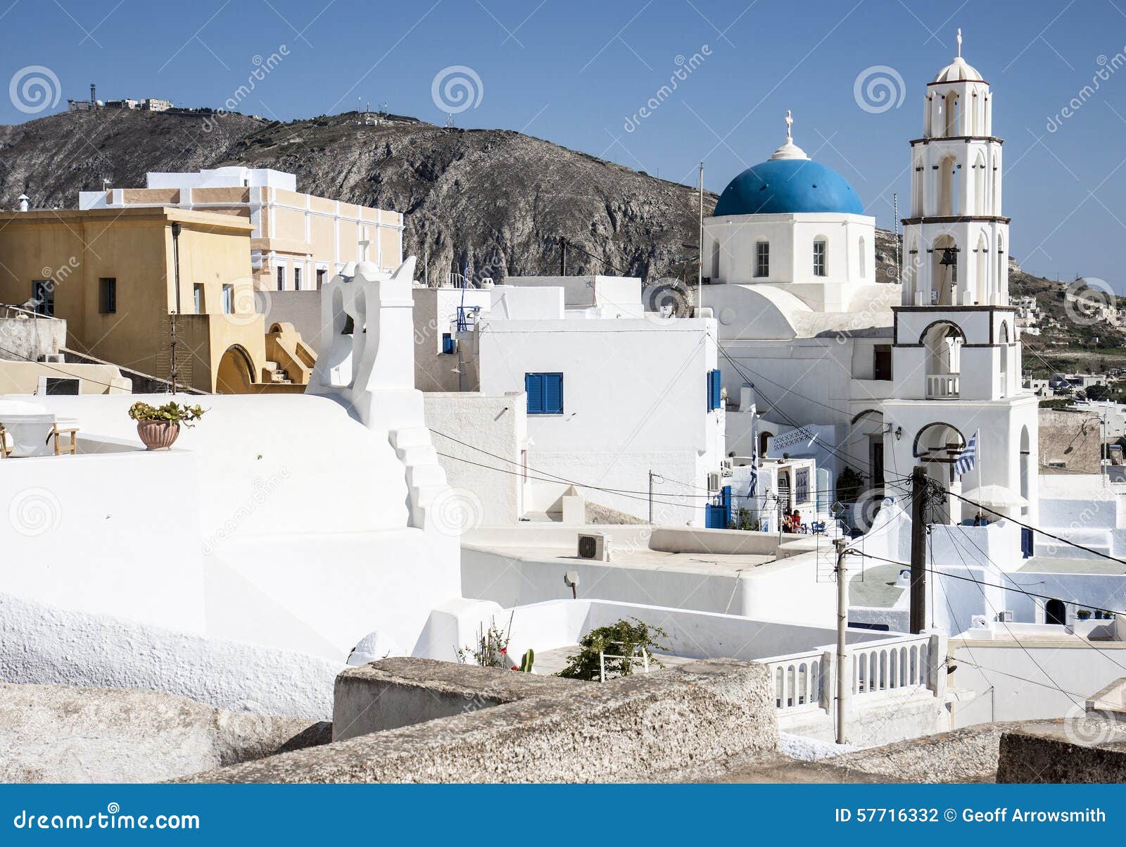 Clock Tower and Church in Exo Gonia, Santorini Stock Photo - Image of ...