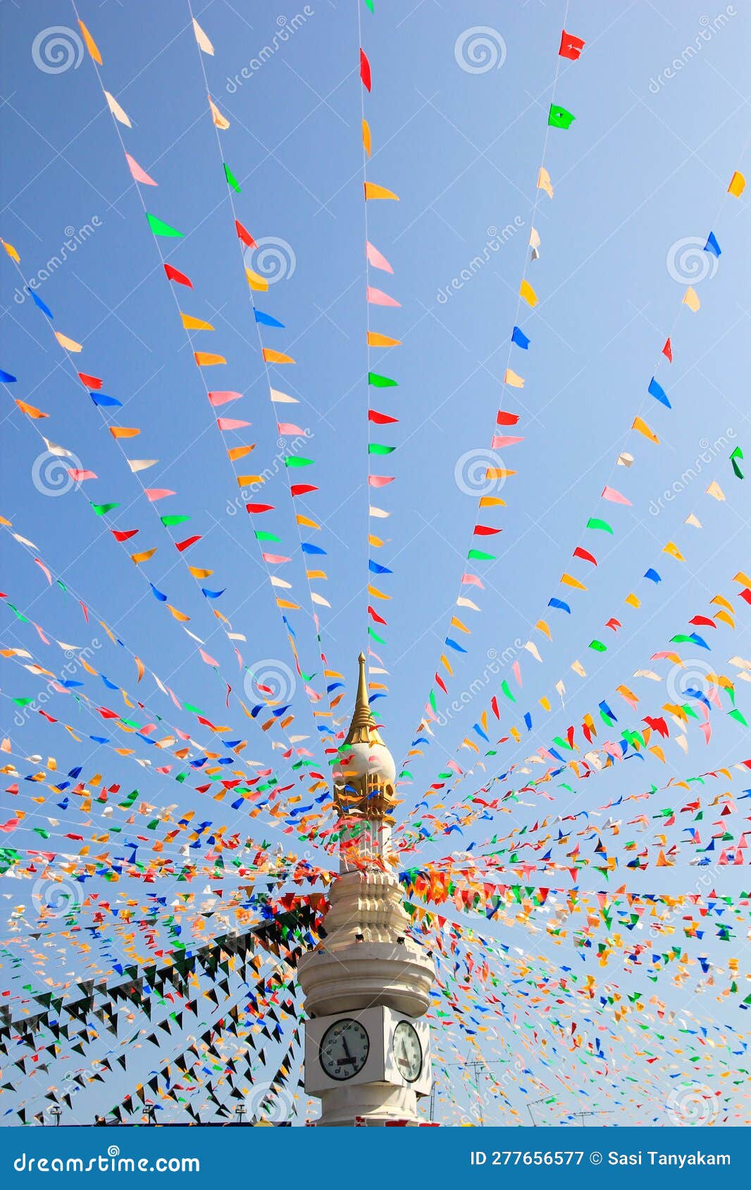 Clock Tower and Colorful Flags. Stock Image - Image of text, yellow ...