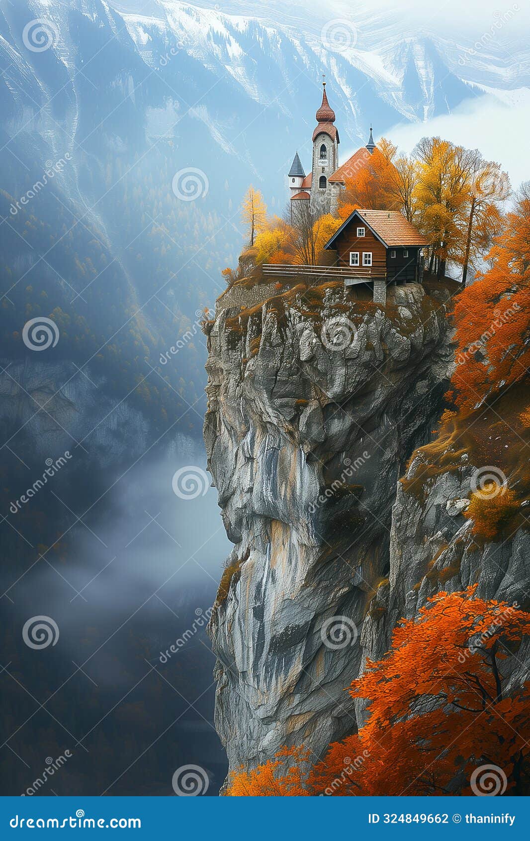 Arafed Church on a Cliff with a Mountain in the Background Stock ...