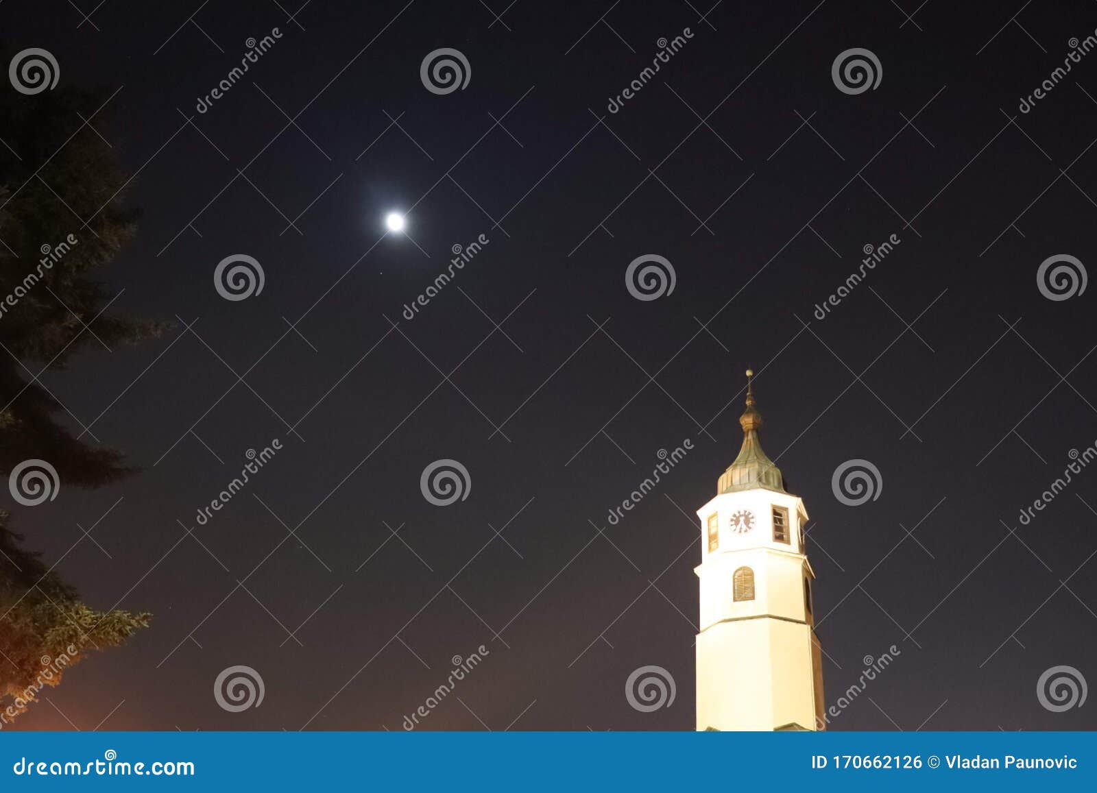 Clock tower and full moon stock photo. Image of landmarks - 170662126
