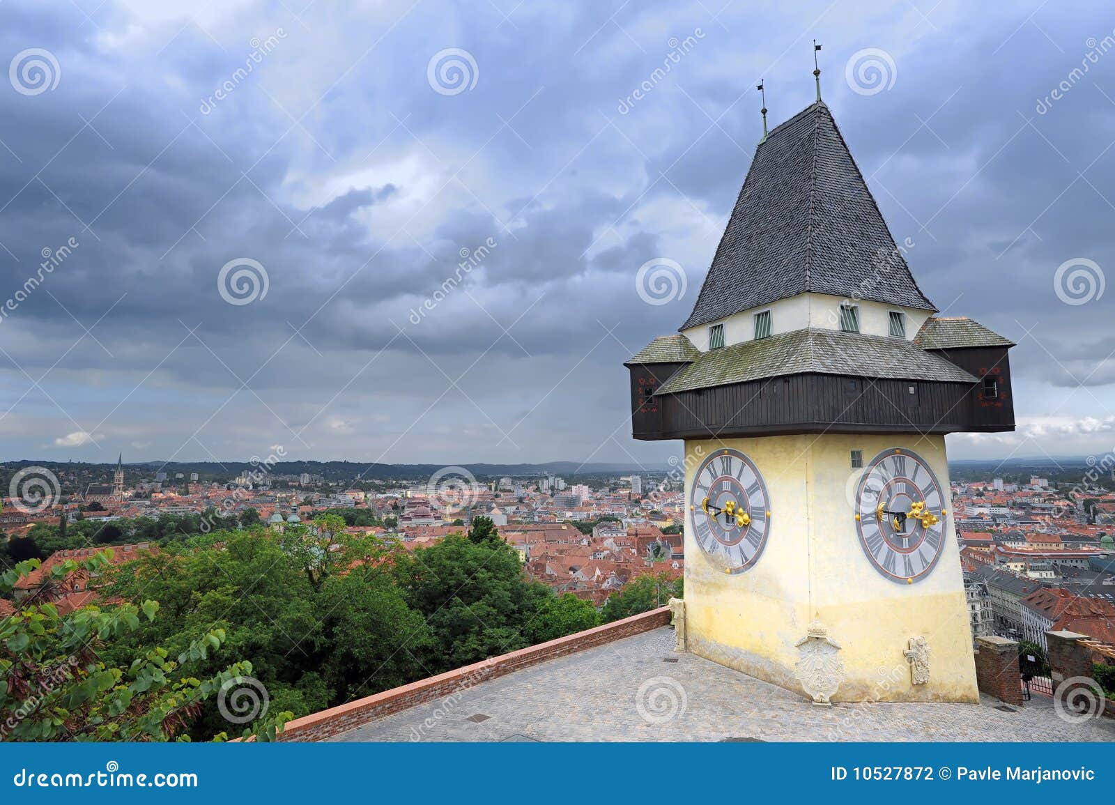 Clock tower in Graz stock photo. Image of europe, time - 10527872