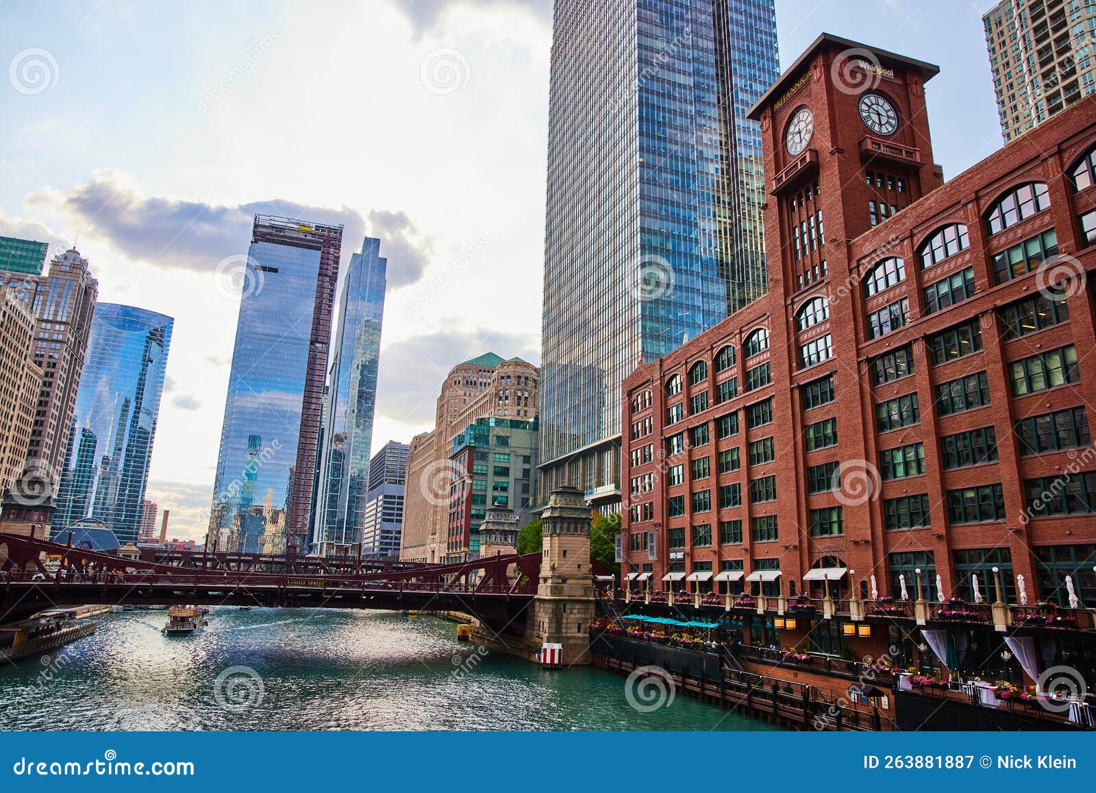 Clock Tower Next To Chicago Ship Canal River with Bridge and ...