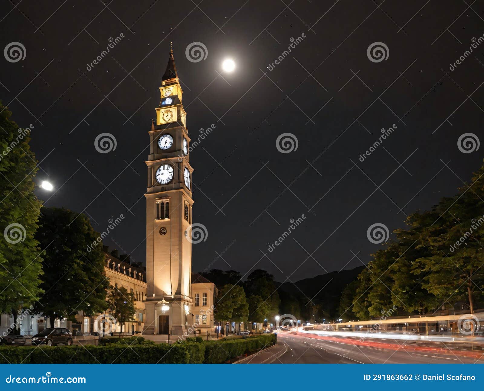 A Clock Tower at Night with a Full Moon in the Sky. Generative AI Stock ...