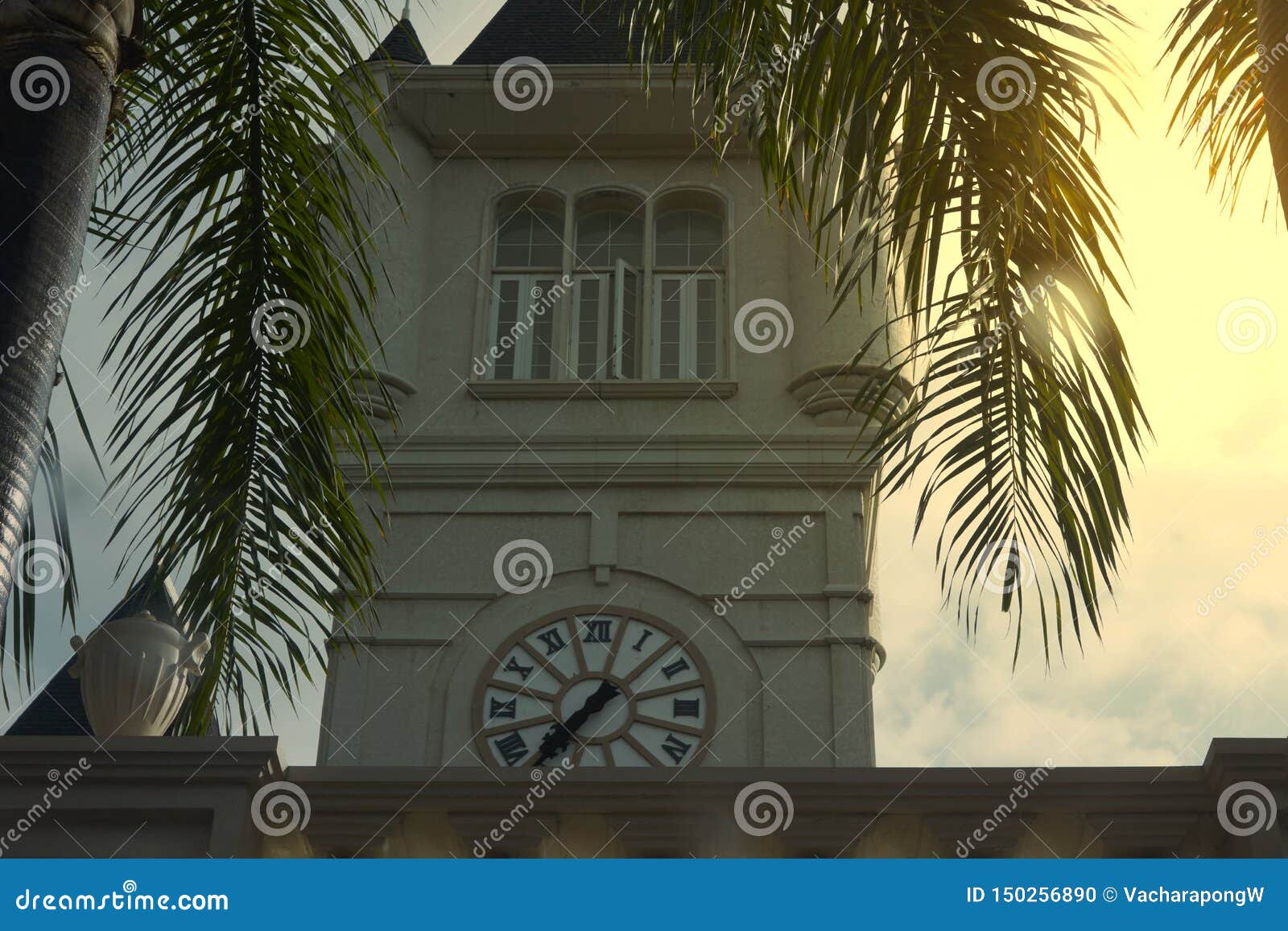 Clock Tower with Opened Window through Coconut or Palm Tree Frame on ...