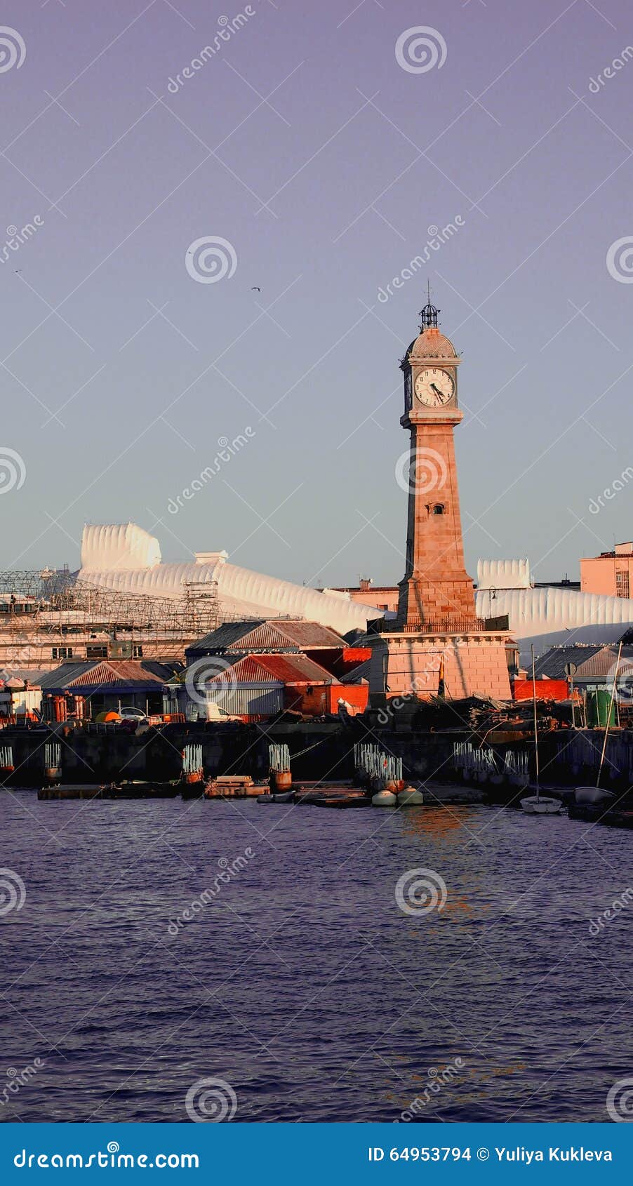 Clock tower in port stock photo. Image of barcelona, panorama - 64953794