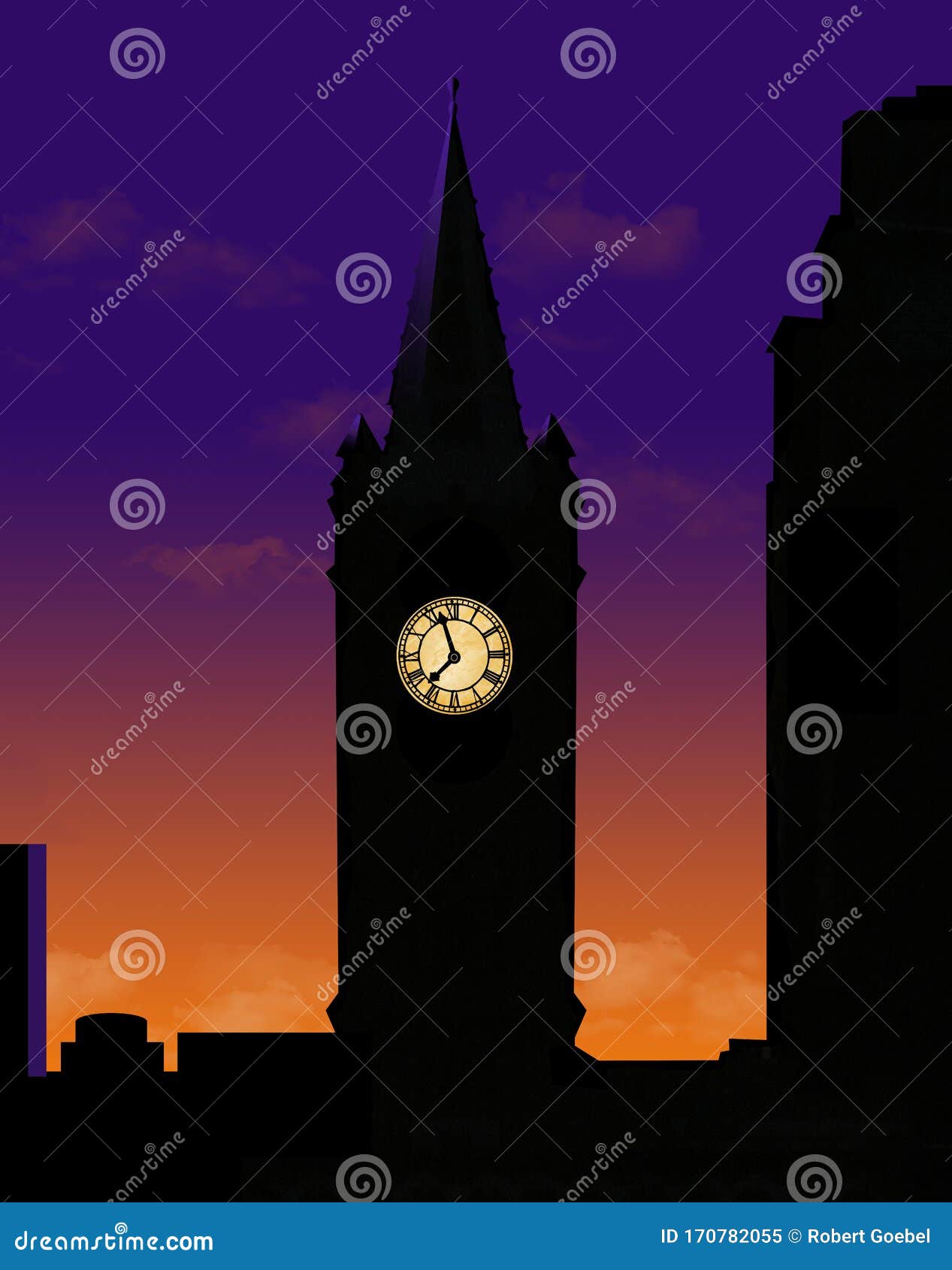 A Clock Tower is Seen Silhouetted at Sunset Stock Illustration ...