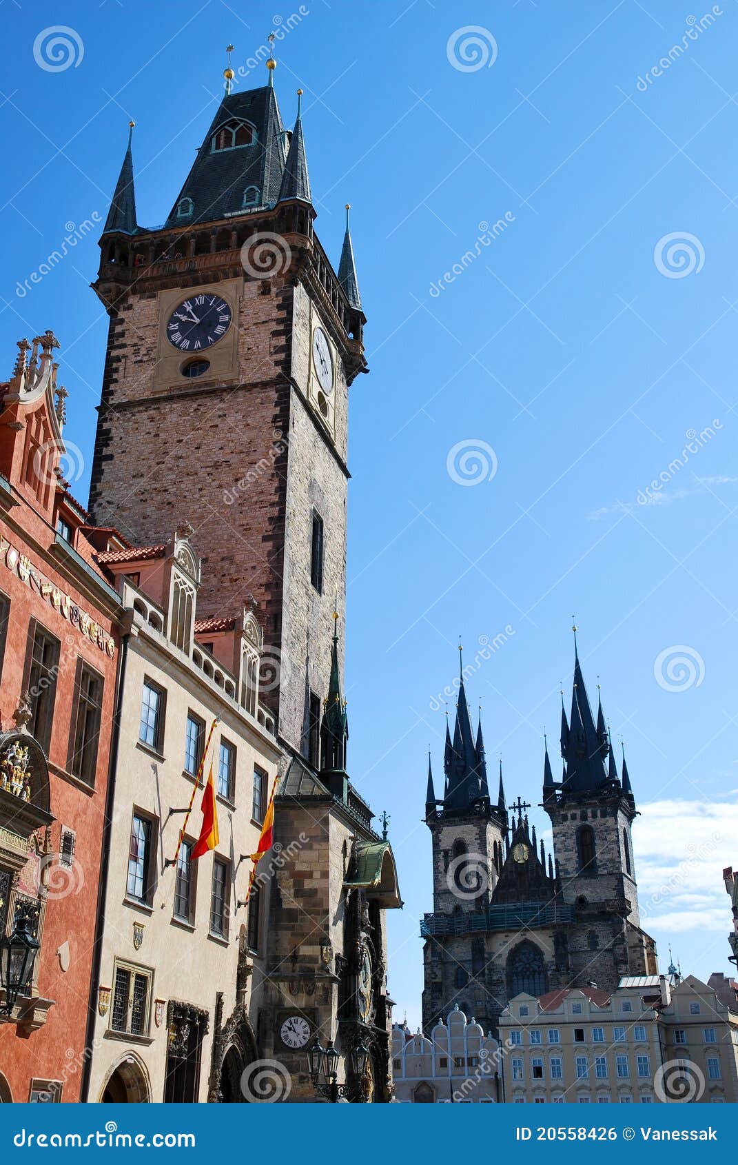 Clock Tower and Tyn Church in Prague Stock Photo - Image of house ...