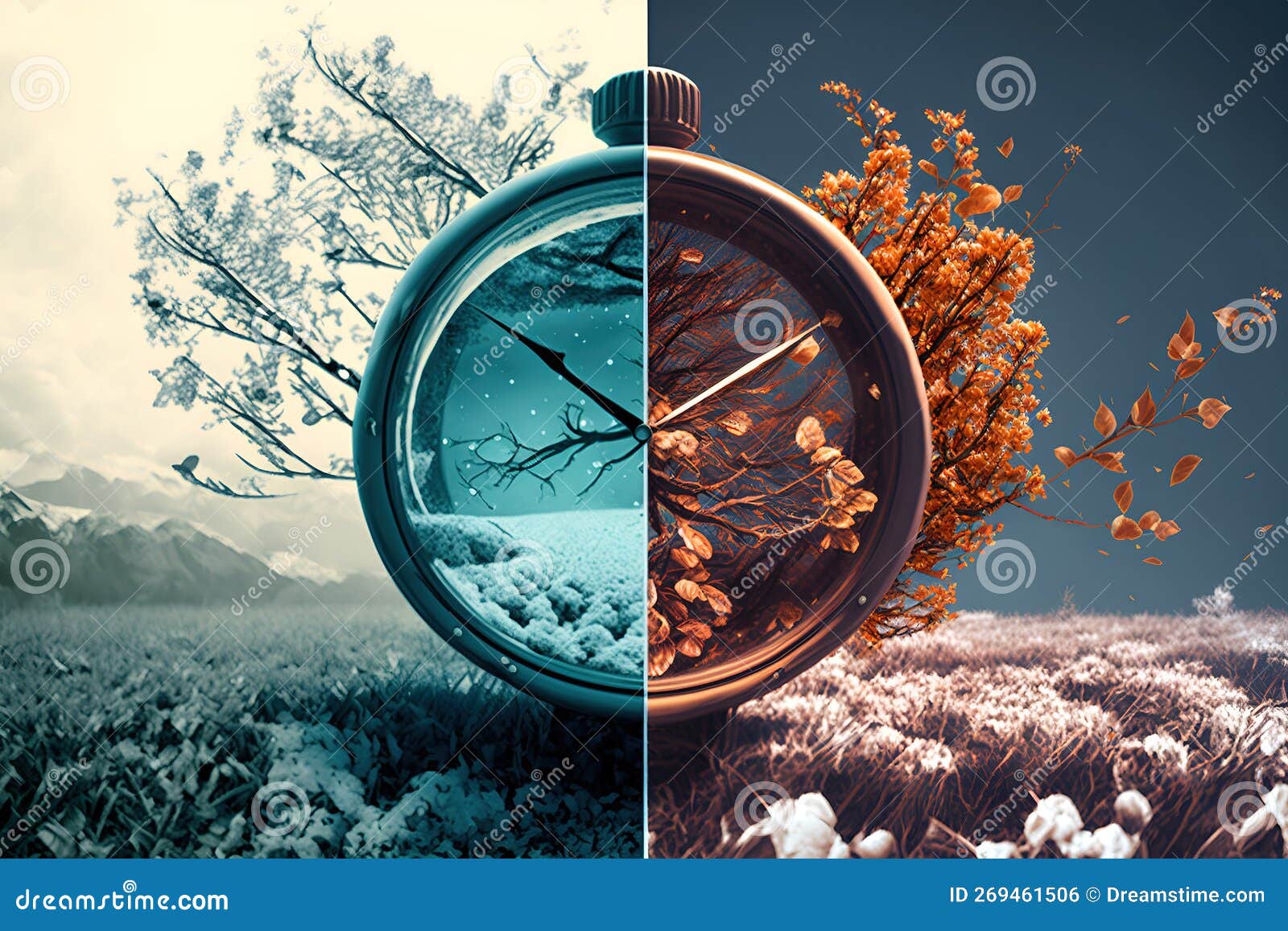 Clock with Tree Representation of Changing Season from Winter To Spring ...