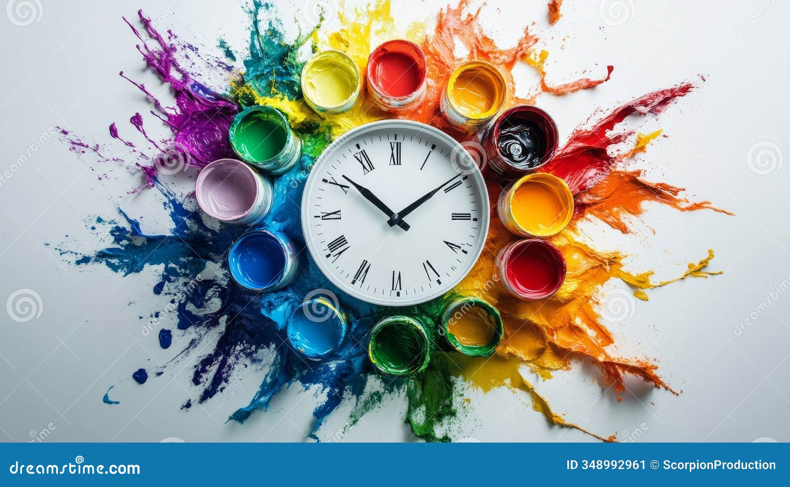 Clock with Vibrant Paint Splash on a White Background Stock Image ...