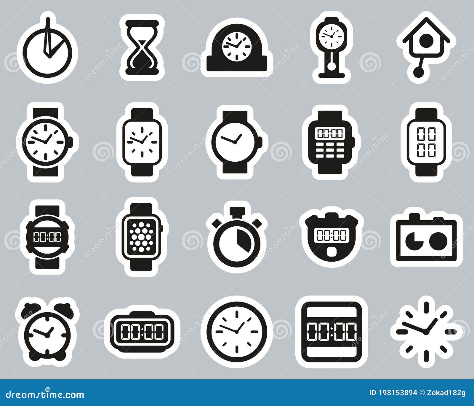 Clock or Watch Icons Black & White Sticker Set Big Stock Vector ...