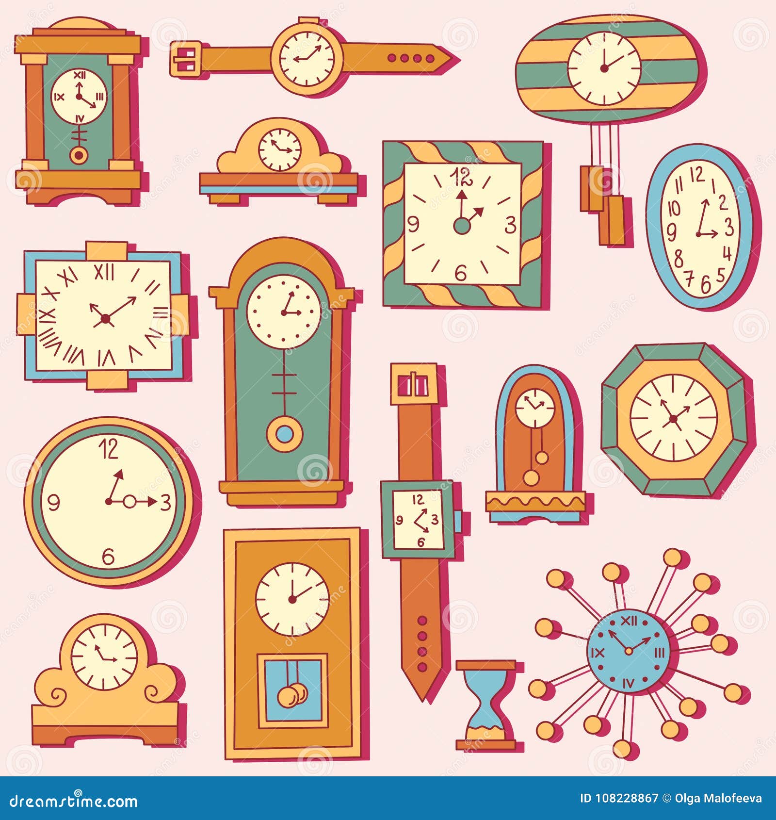 Clock Watch Icons Doodle Set Stock Vector - Illustration of retro ...
