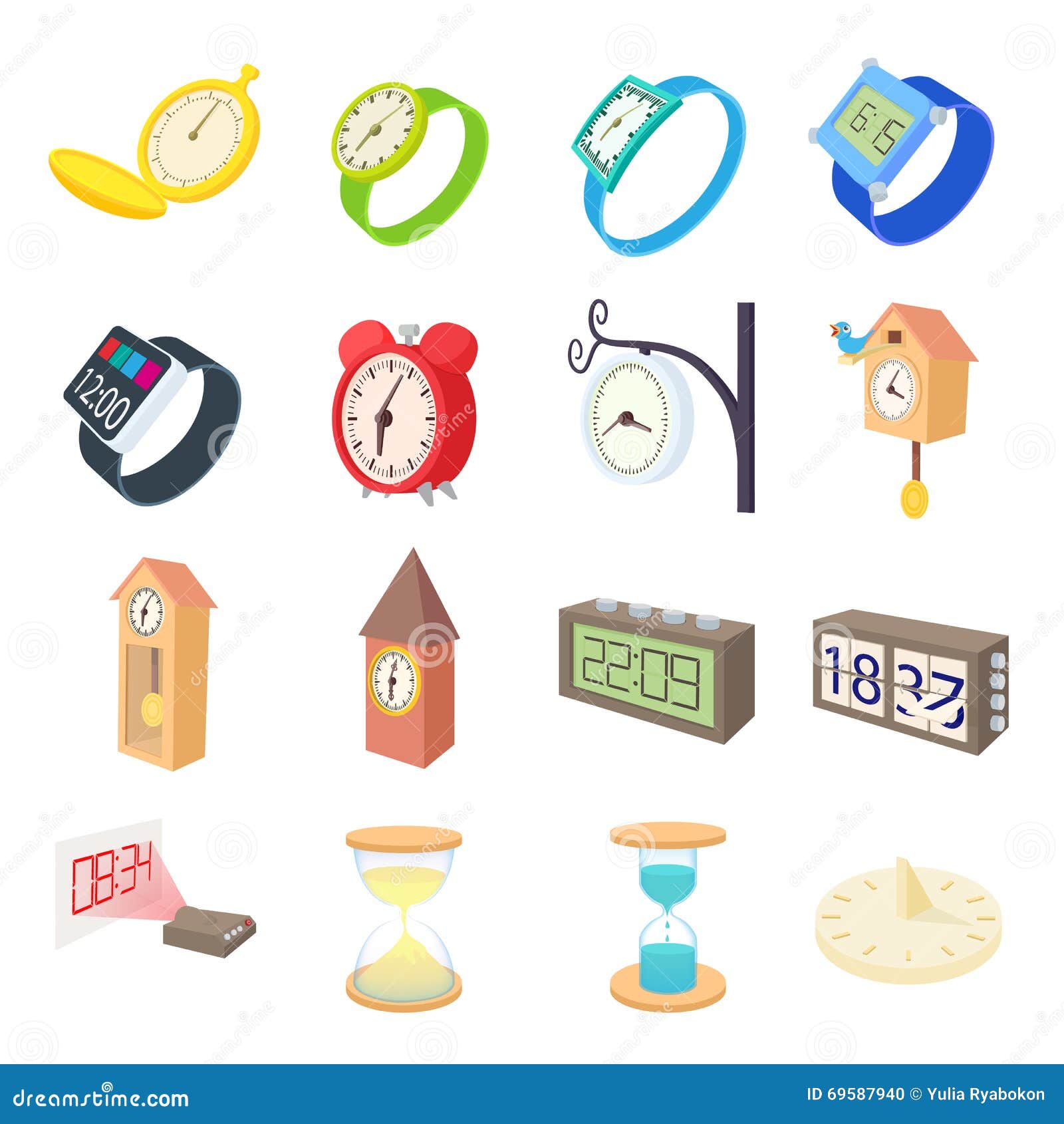 Clock and Watch Icons Set, Cartoon Style Stock Vector - Illustration of ...