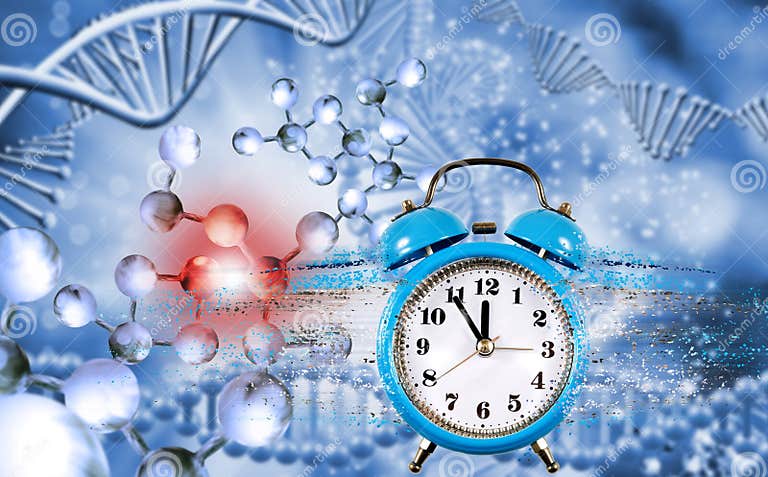 Clock from Which Particles are Separated Against the Background of Flying DNA Chains Stock Photo ...