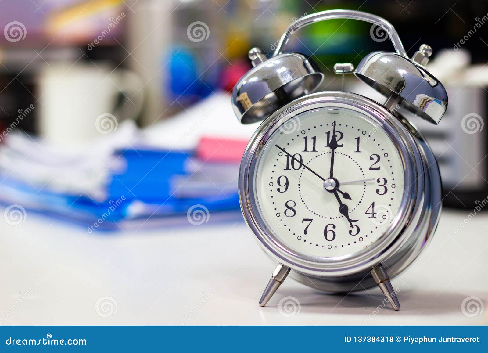 Clock on Work Desk with Docutment Background in the Office Time Stock ...