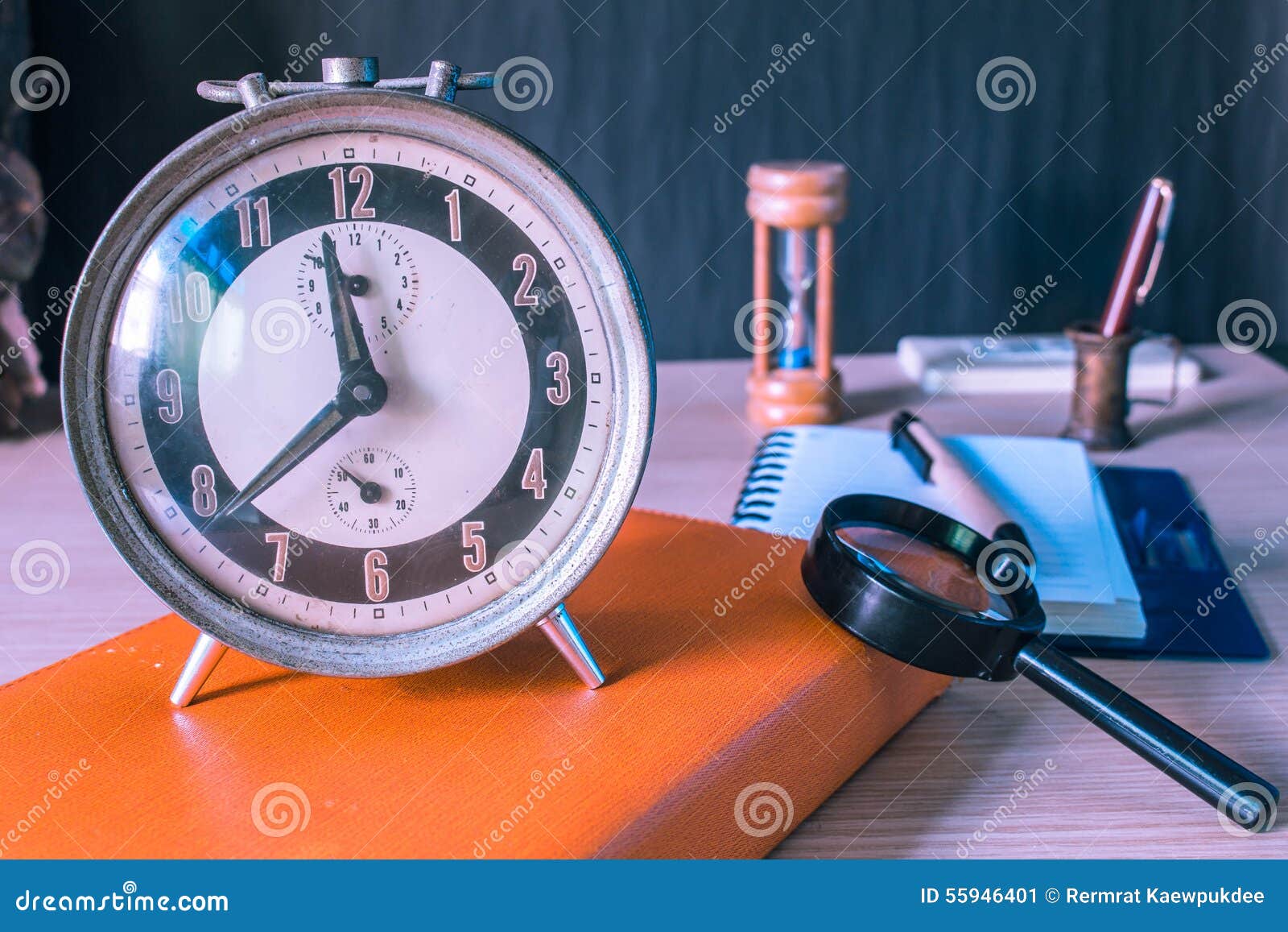 Clock and Writing on a Wooden Stock Image - Image of vintage, office ...