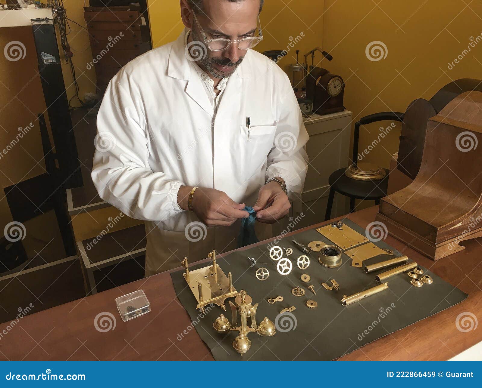 Clockmaker Repairs Antique Golden Pocket Watch In His Laboratory ...