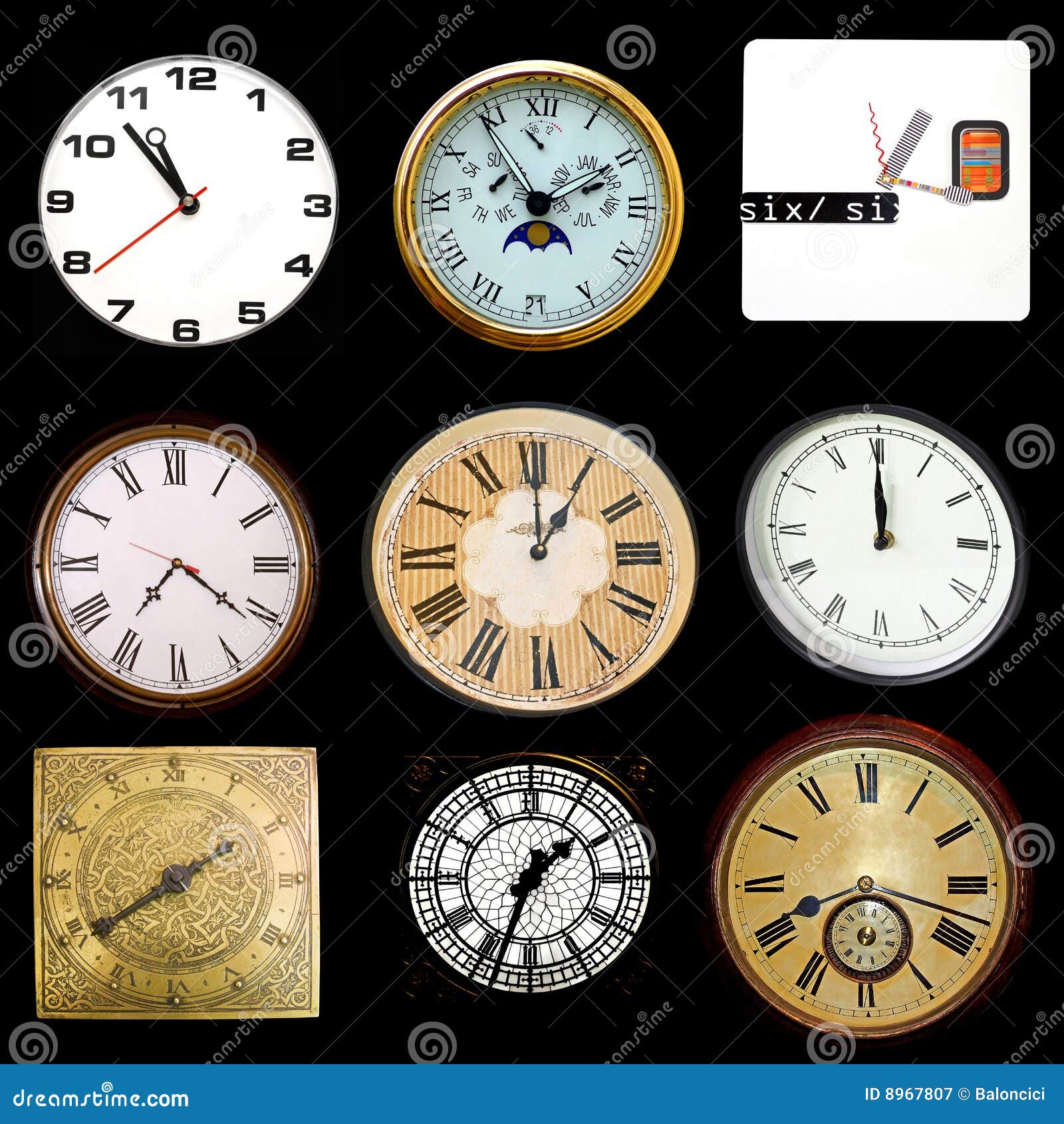 Clocks on black stock image. Image of collection, golden - 8967807