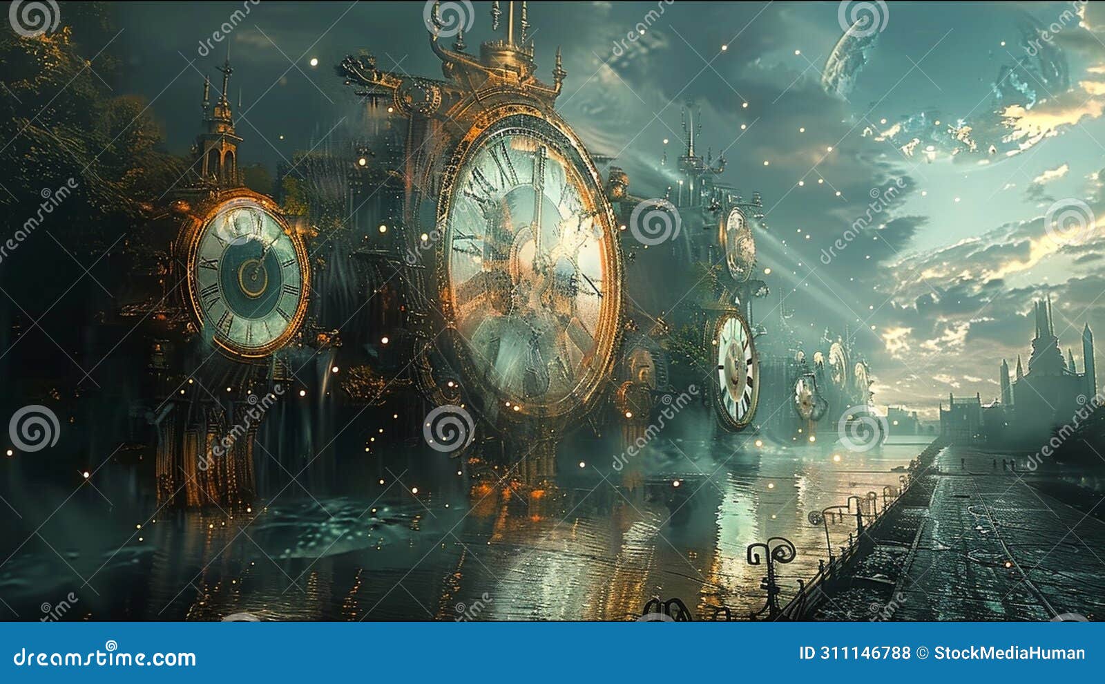 Clocks River of Time Multiple Clockfaces Roman Numerals Stock ...