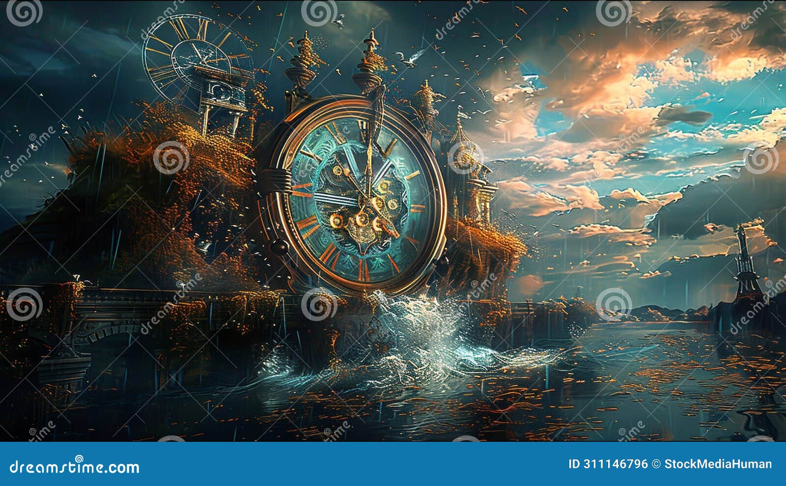 Clocks River of Time Multiple Clockfaces Roman Numerals Stock ...