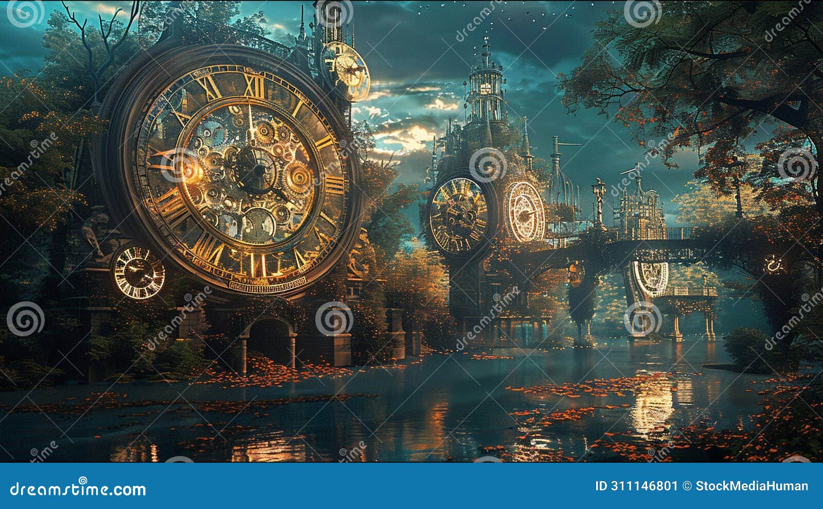Clocks River of Time Multiple Clockfaces Roman Numerals Stock ...
