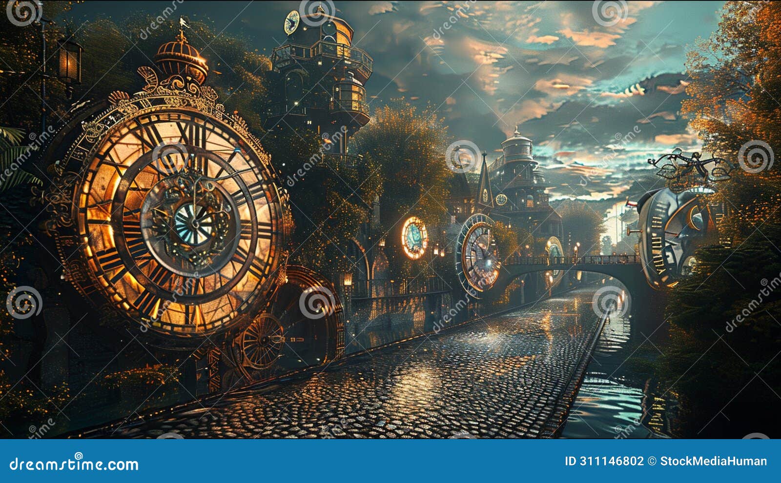 Clocks River of Time Multiple Clockfaces Roman Numerals Stock ...