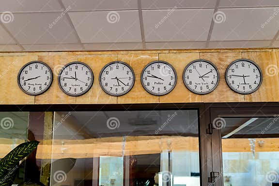 Clocks Showing the Time in Different Countries Stock Photo - Image of ...