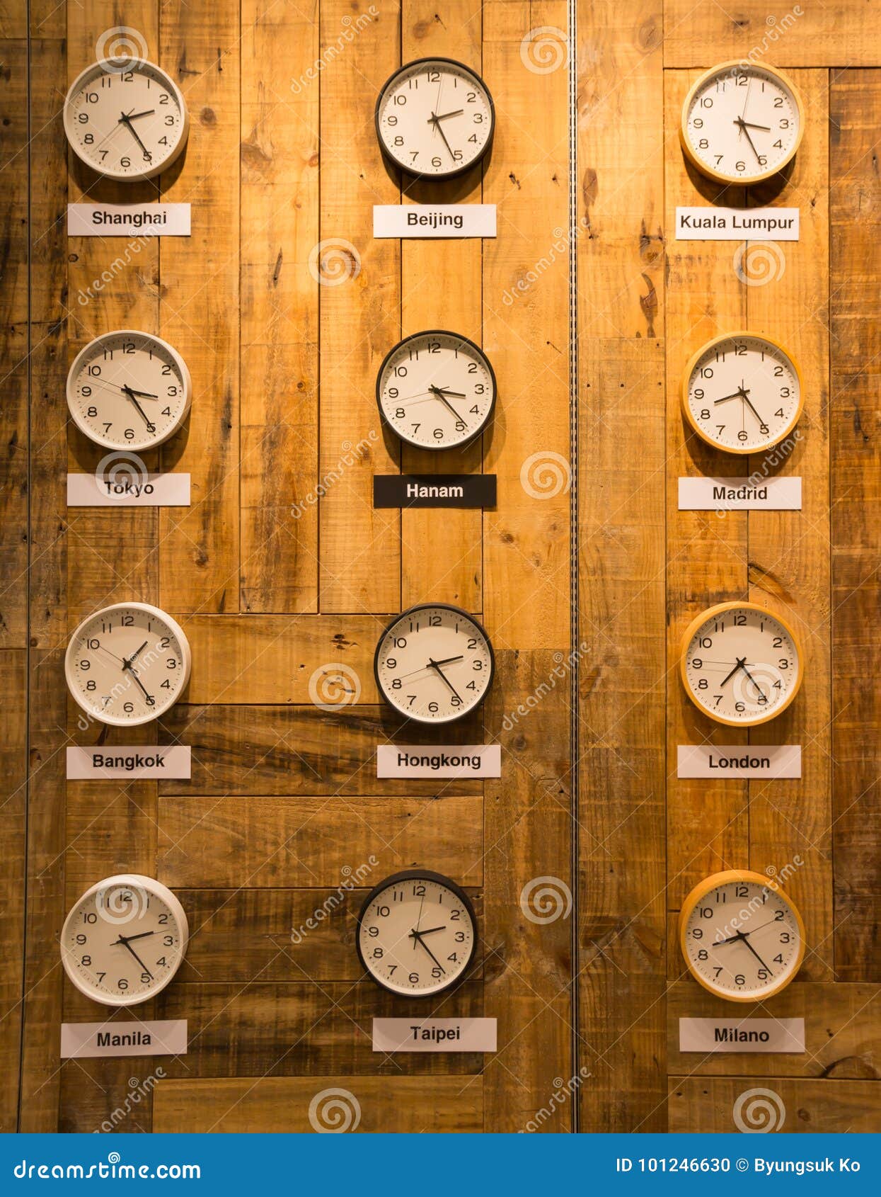 Clocks on a Wall with Time Zone of Different Cities Stock Photo - Image ...