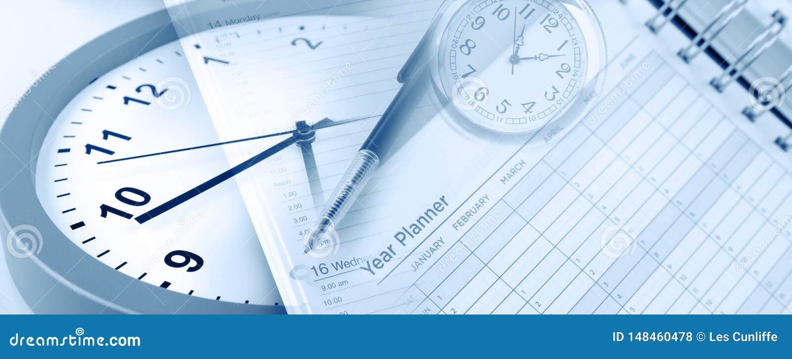 Clocks and year planner stock photo. Image of calendar - 148460478