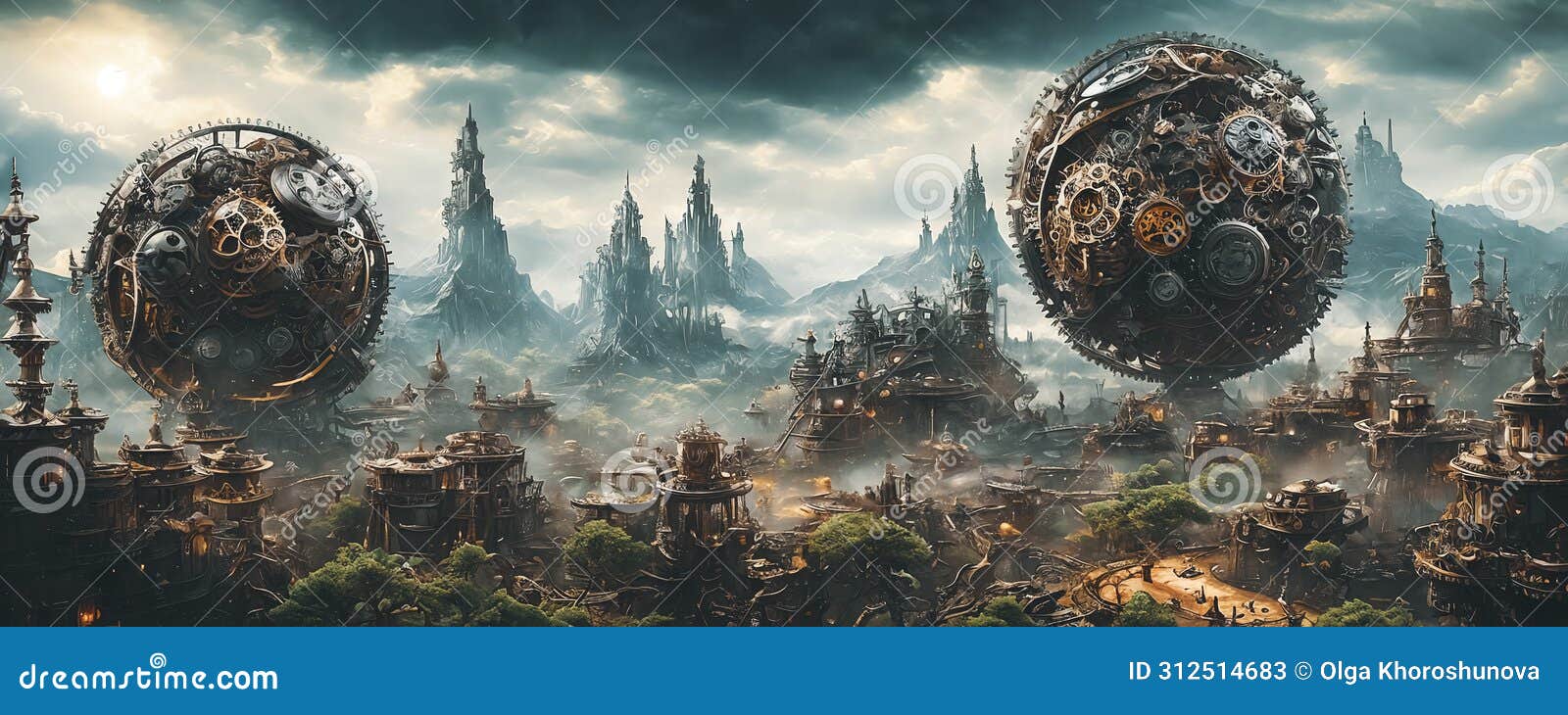 Clockwork Steampunk Planet that Blends Fantasy and Machinery, Featuring ...