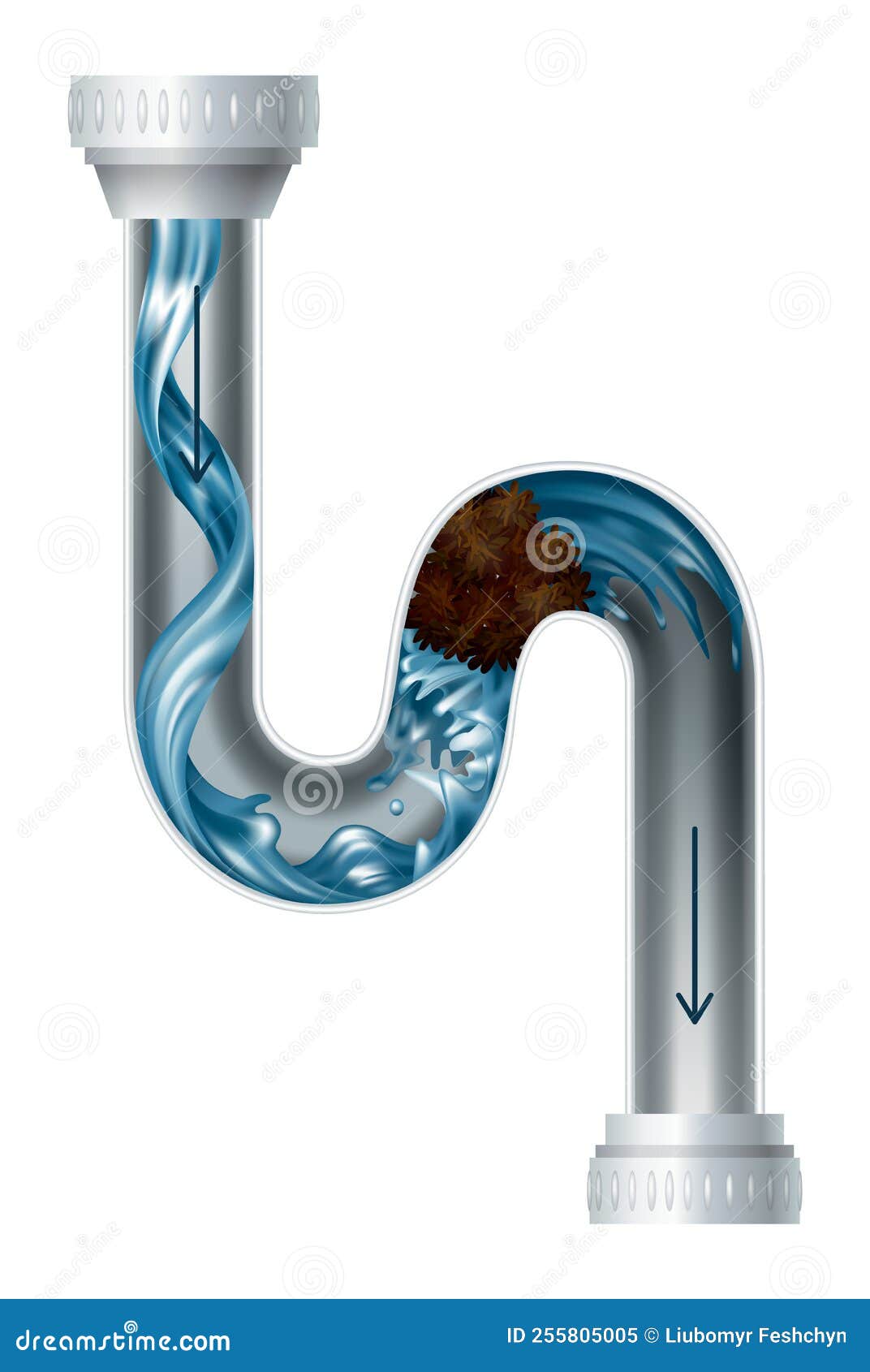 Clogged Pipe Drain and Cleanser Bottle. Canalization Tube with Water ... Clogged Pipe Drain and Cleanser Bottle. Canalization Tube with Water ...