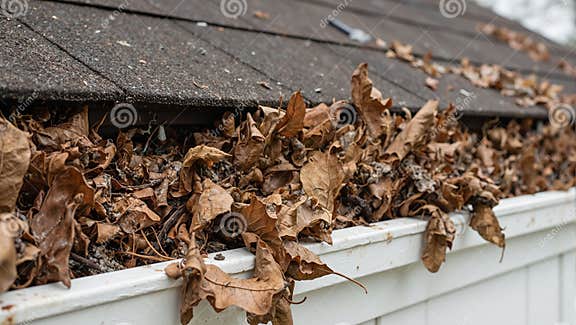 Clogged Rain Gutter with Dry Brown Leaves Overflowing Stock ...
