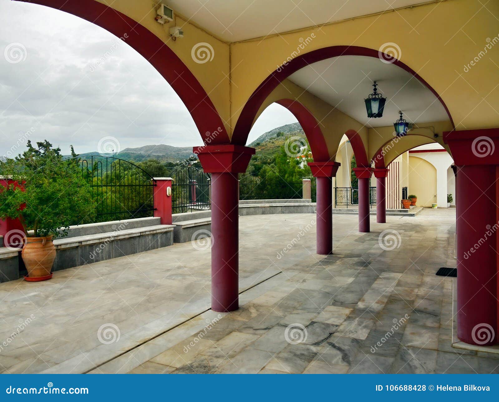 Cloister Hallway Greece stock photo. Image of pillar - 106688428