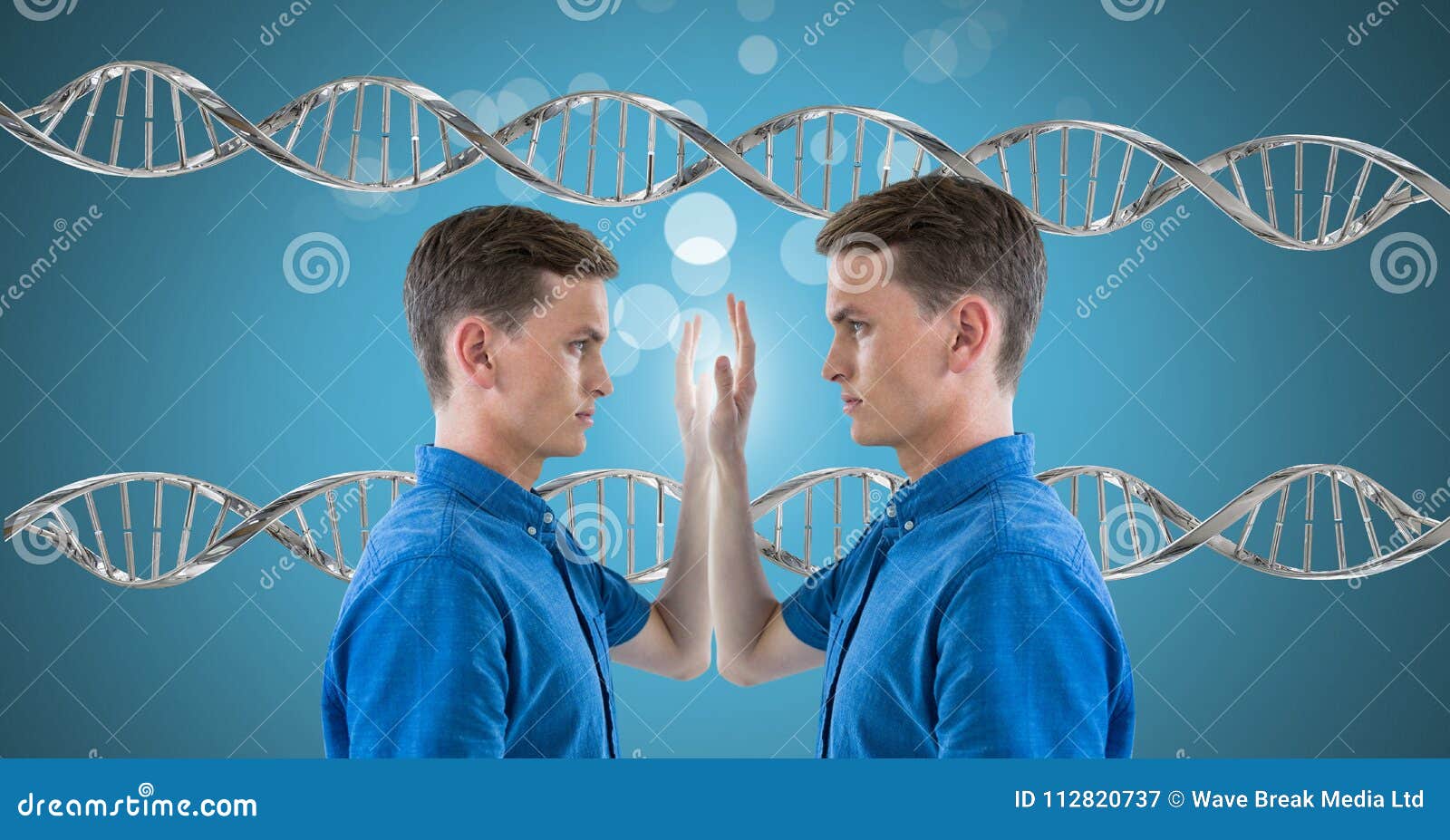 Clone Twin Man Touching Himself with Genetic DNA and Sparkles Stock ...