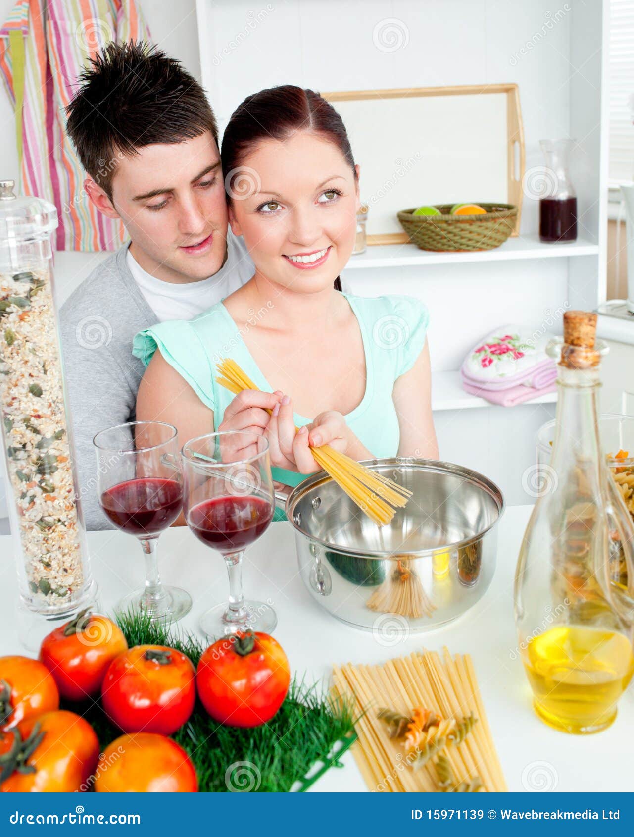 Close Couple Preparing Spaghetti and Drinking Wine Stock Image - Image ...