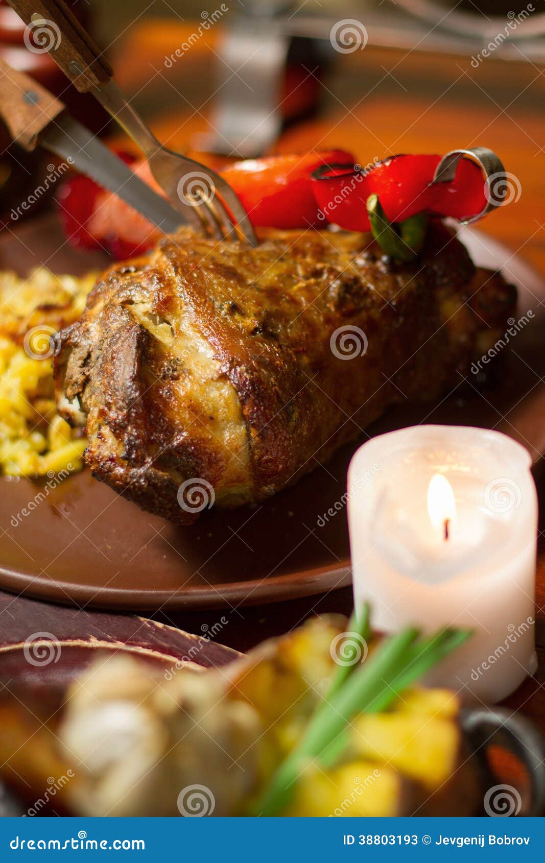 Close Image Of Pork In Medieval Style On Table Stock Image - Image of ...