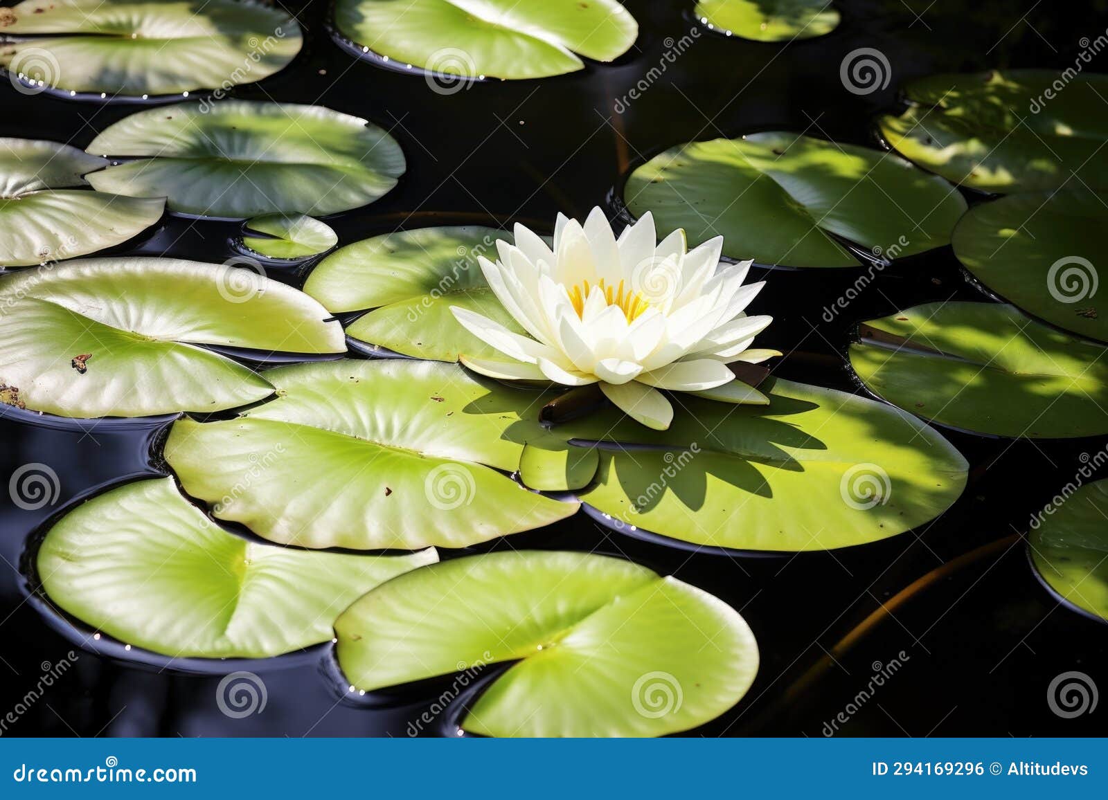 Close Image of Water Lily with Lily Pads in Pond Stock Illustration ...