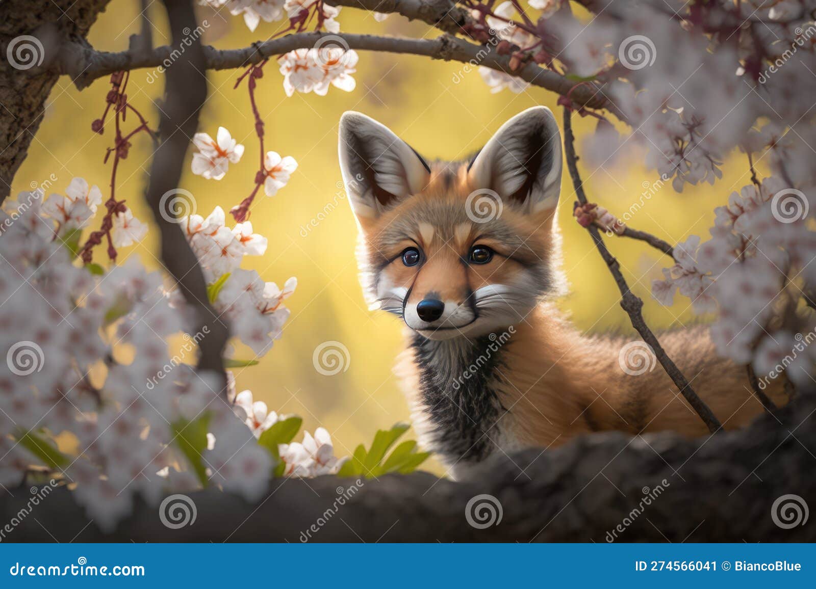 Close Look of Baby Fox Under Cherry Blossom Tree Stock Illustration ...