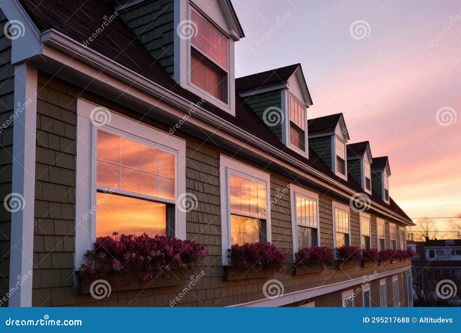 Close Look of Dormer Windows in Row on Dutch Colonial Home at Sunset ...