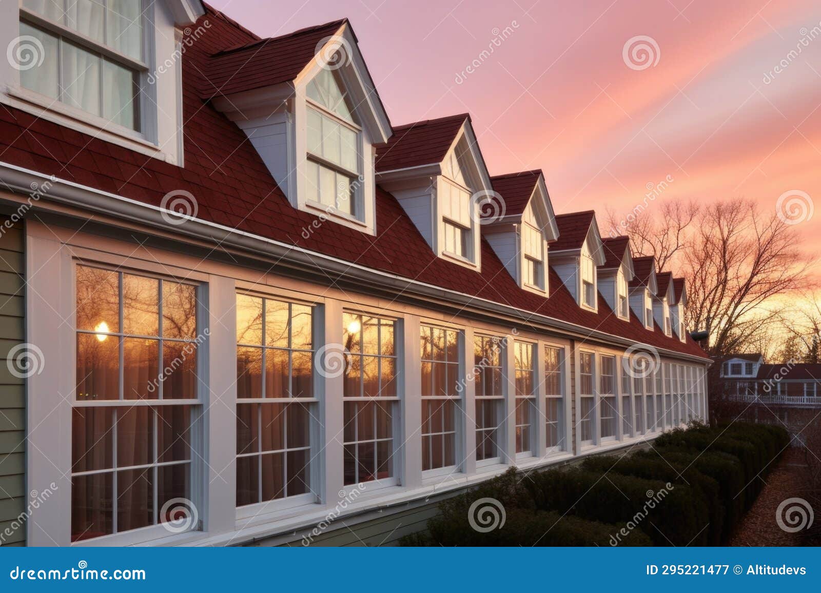 Close Look of Dormer Windows in Row on Dutch Colonial Home at Sunset ...