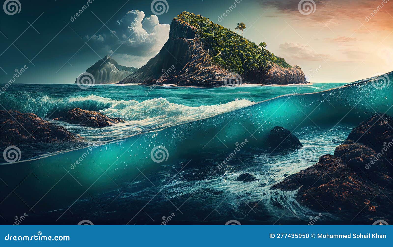 Close Look of Ocean Huge Wave in Island AI Generative Stock ...