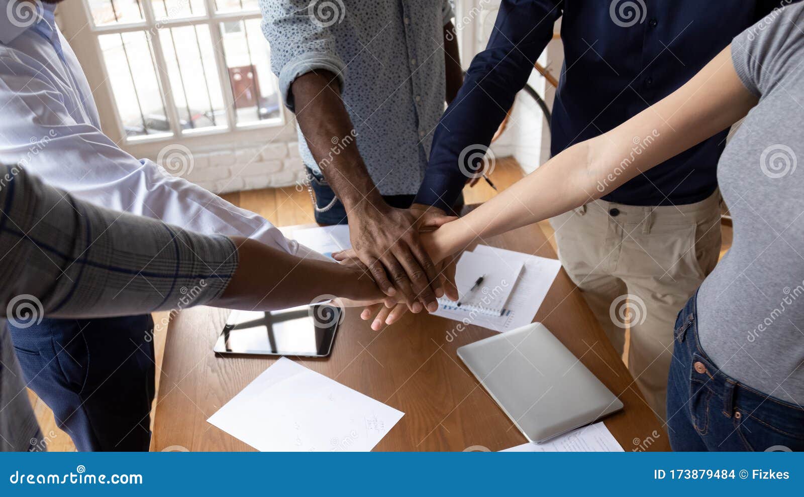 Closeup Diverse Employees Put Hands in Stack Showing Support Stock ...