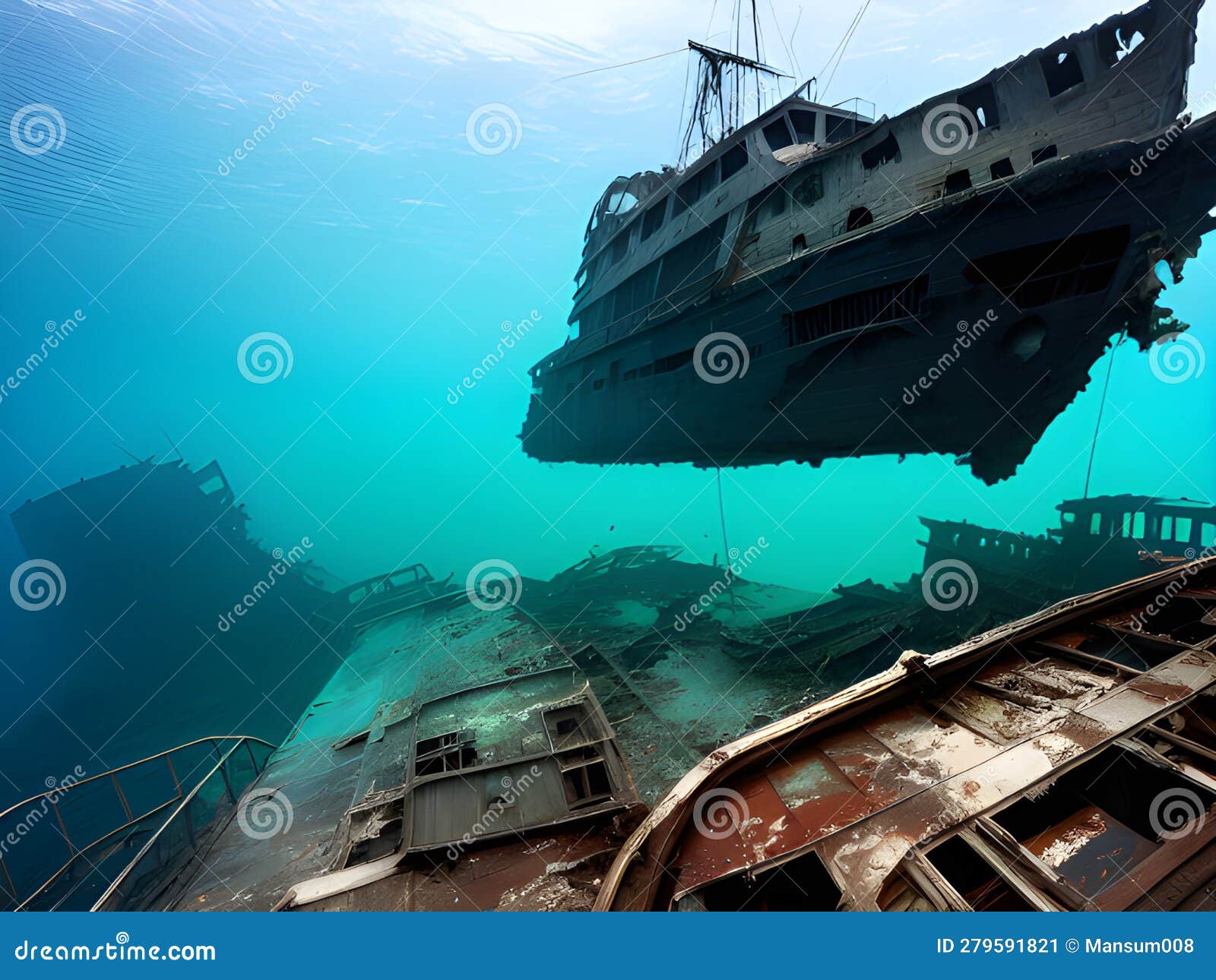 Close Up Abandoned Drowned Boat, Ai Generated Stock Illustration ...