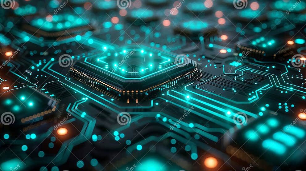 Close-up of Advanced Circuit Board with Glowing Pathways. AI Generated ...