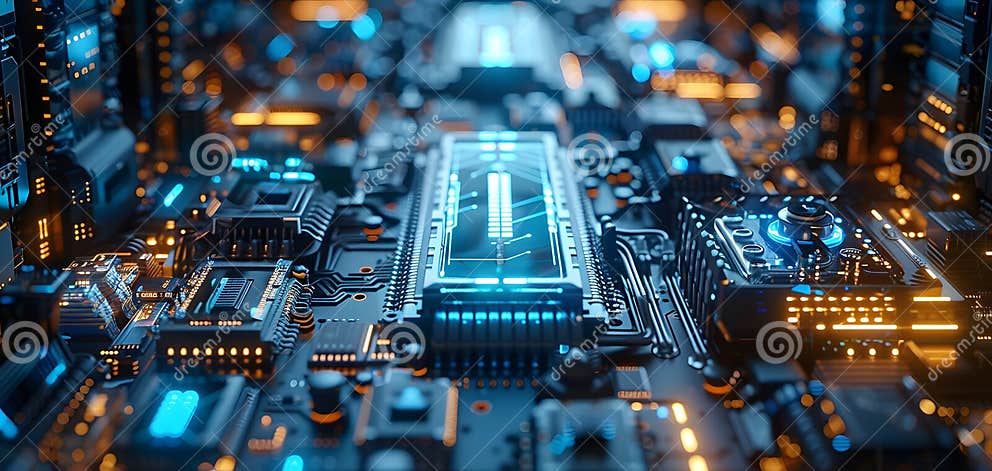 Close-up of Advanced Quantum Computer Circuitry with Glowing Elements ...