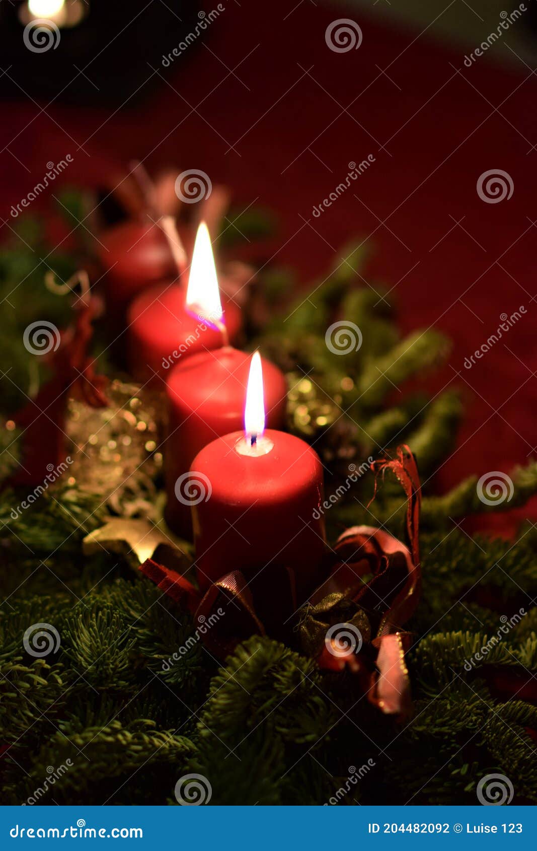 Close Up of an Advent Arrangement with 2 Burning Candles Stock Photo ...