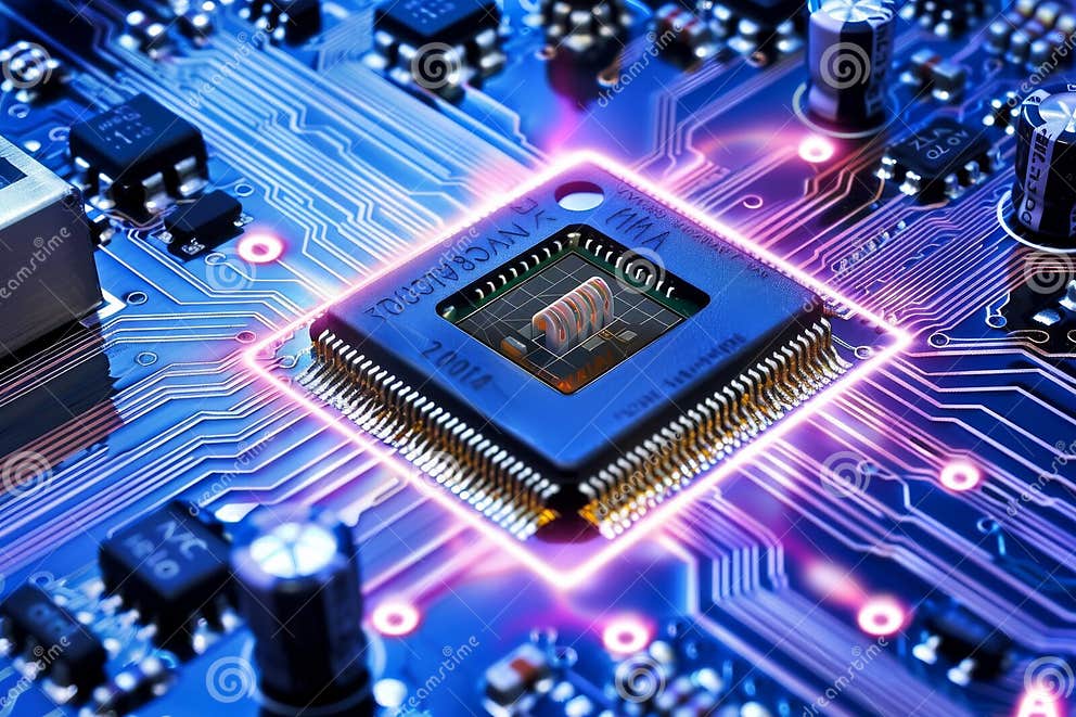 Close Up of AI Microchip on a Blue Circuit Board, Intricate Details of ...