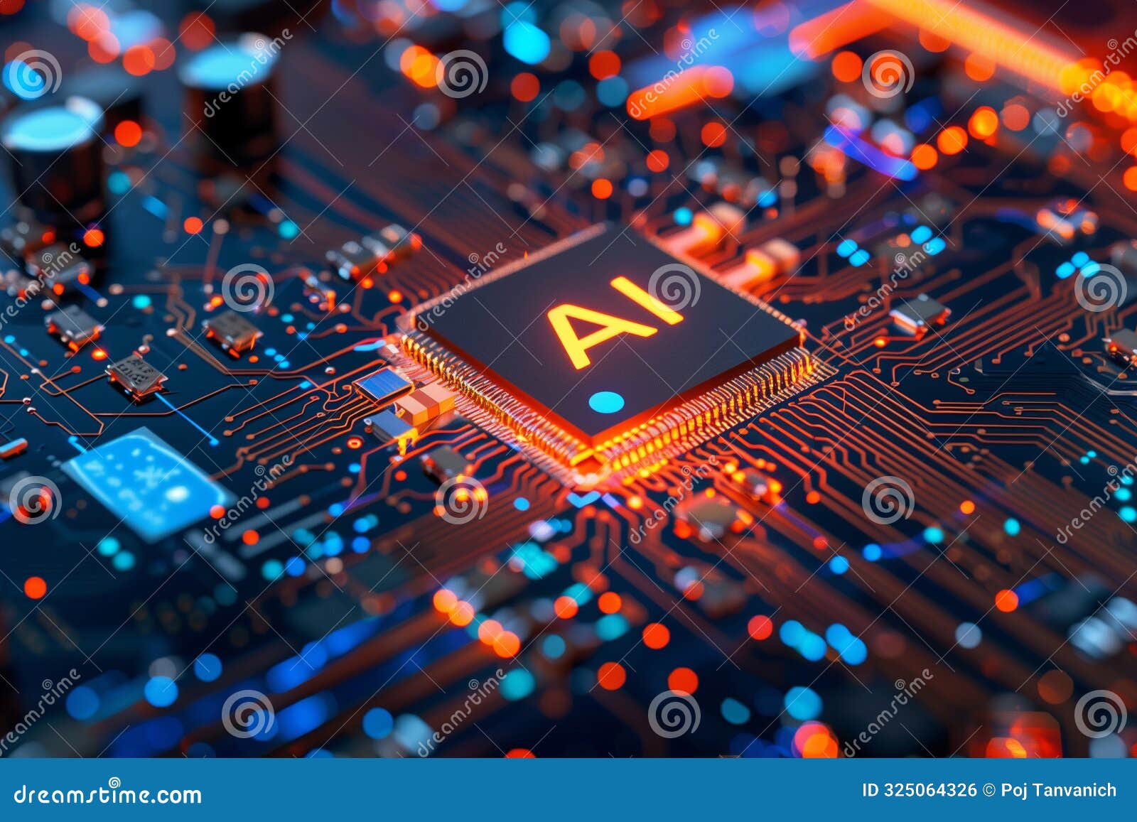 Close-up of AI Microcomputer Chips on Motherboard Circuit Under ...