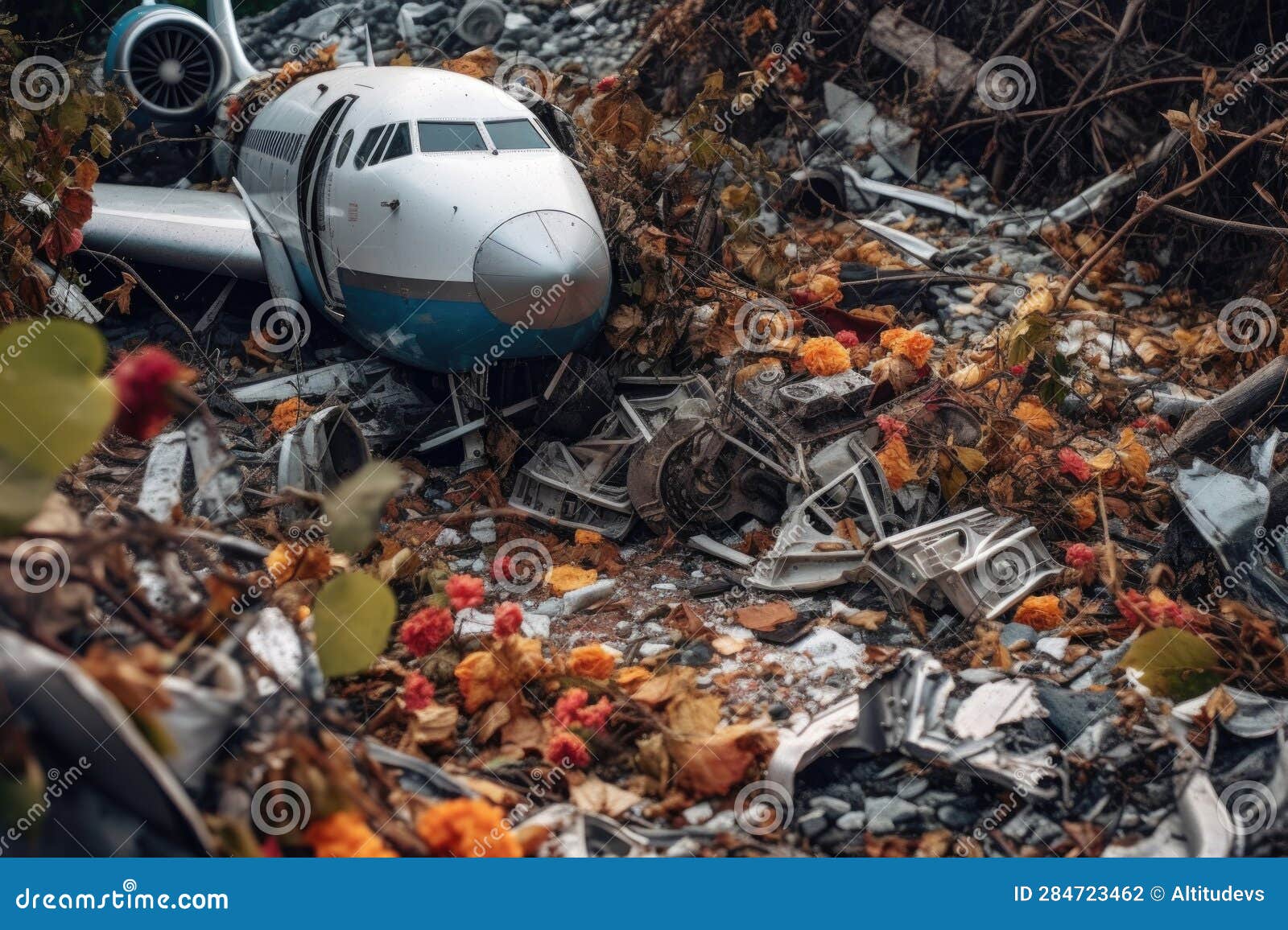 Close-up of Airplane Wreckage with Scattered Debris Stock Illustration ...